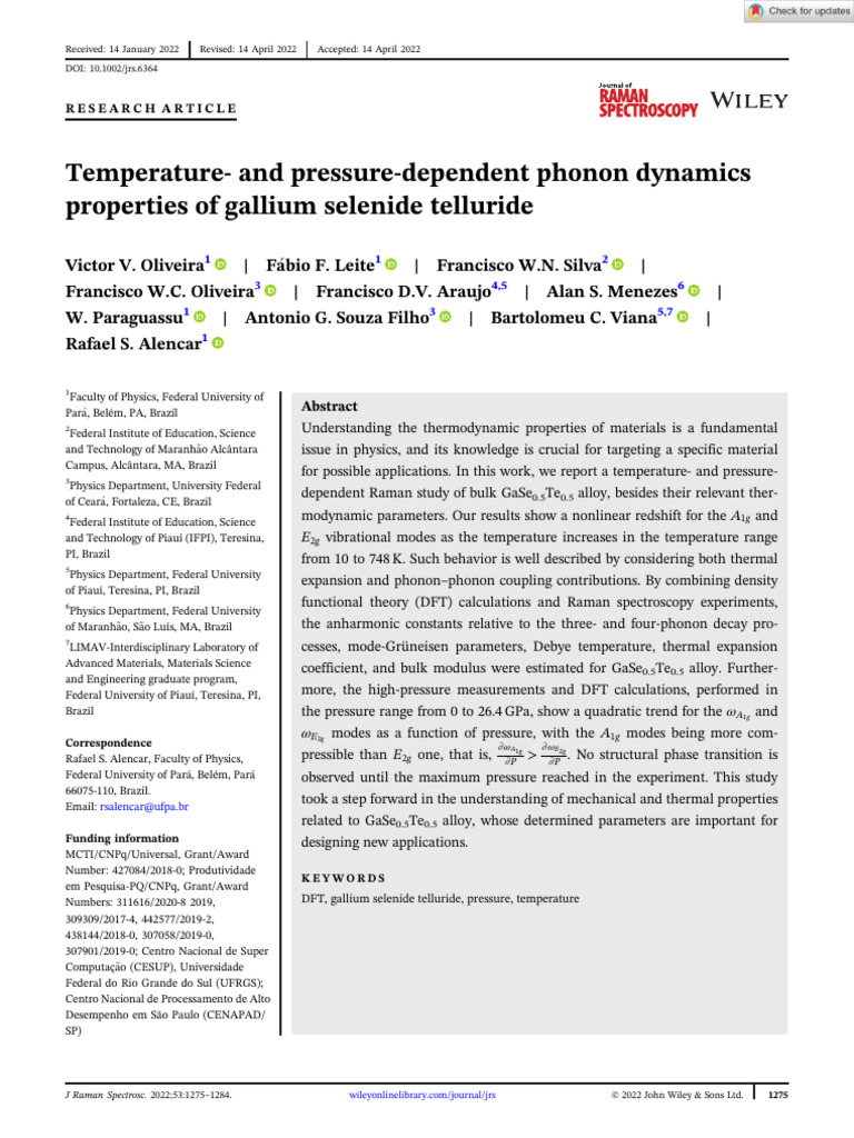 J Raman Spectroscopy - 2022 - Oliveira - Temperature and Pressure Dependent Phonon Dynamics ...