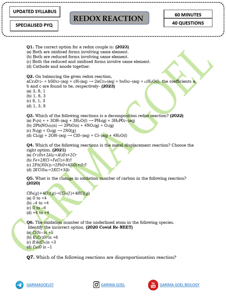REDOX REACTION - 20 Years Specialized Pyq by Garima Goel 1 | PDF ...