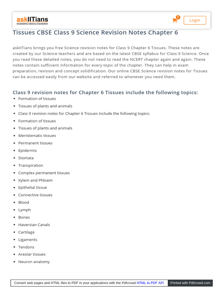 Tissues Class 9 notes | PDF | Epithelium | Tissue (Biology)