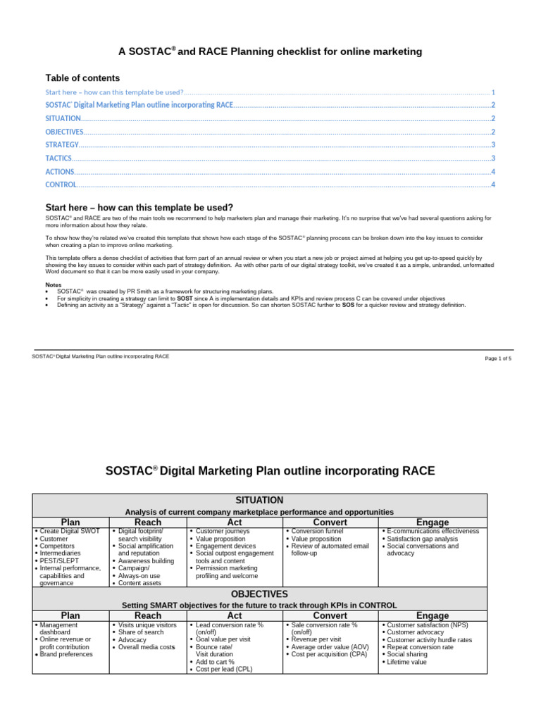 SOSTAC RACE Planning Matrix Smart Insights | PDF | Digital Marketing ...
