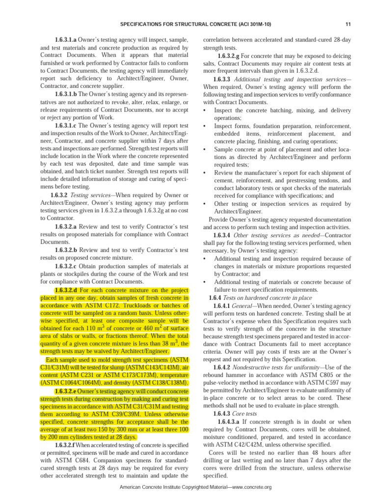 ACI 301M-10 Metric Specificatios For Structural Concrete | PDF
