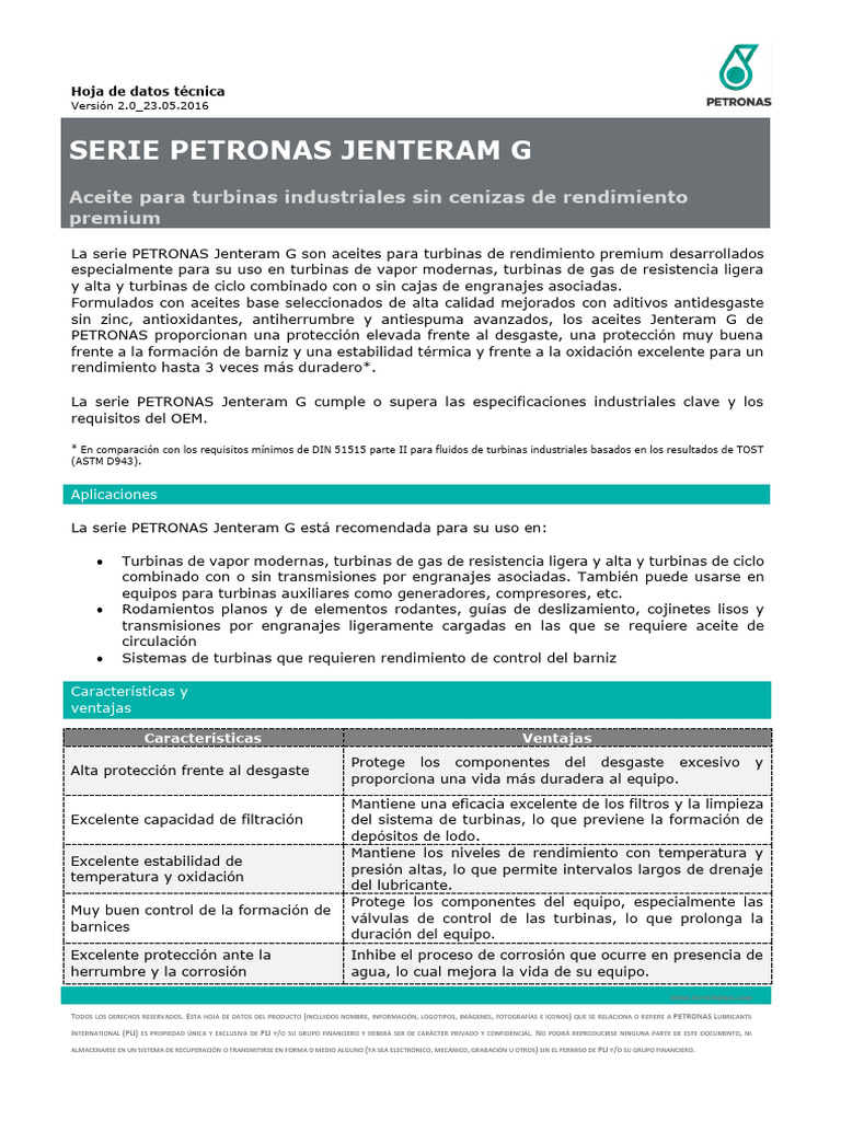 Aceite Turbinas PETRONAS Jenteram G | PDF | Rodamiento (Mecánico) | Turbina