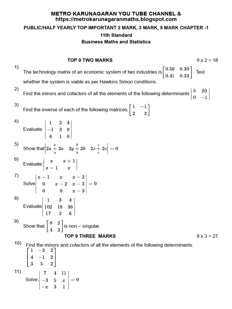 11 BM Chap 1 Top2,3,5 Marks | PDF | Linear Algebra | Matrix Theory