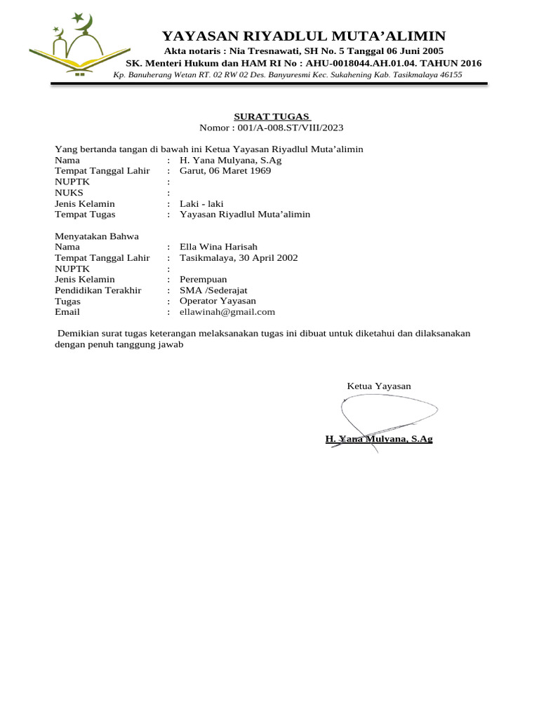 001A-008.STVIII2023 Surat Tugas Operator Yayasan | PDF
