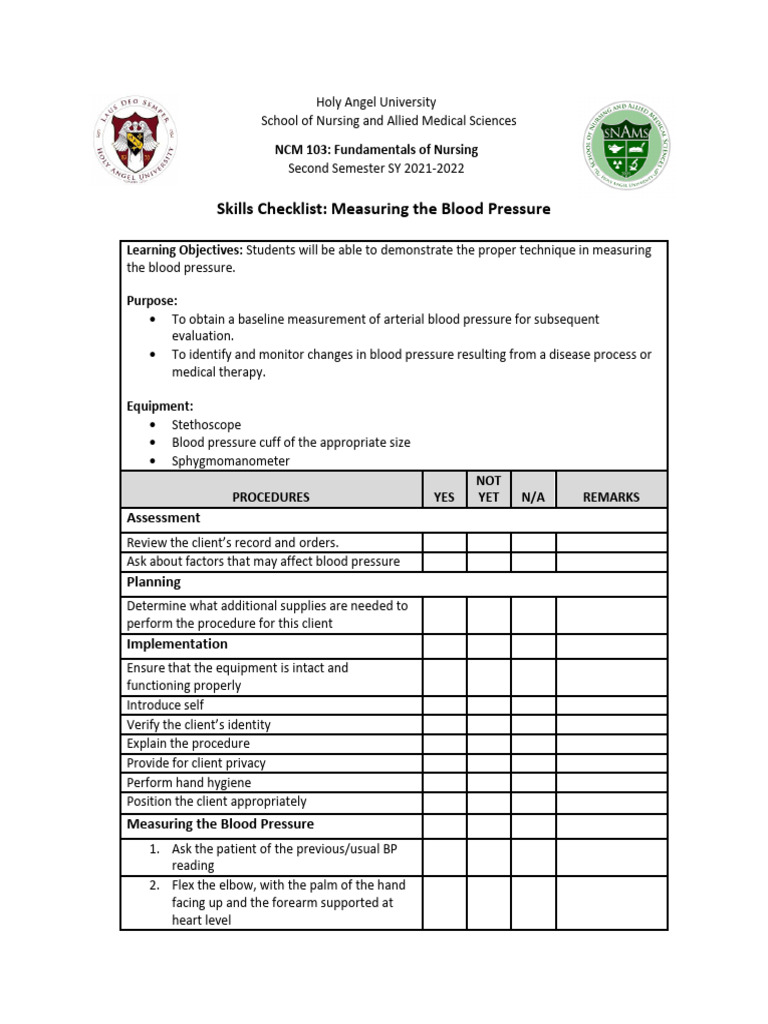 Skills Checklist Blood Pressure Measurement | PDF | Blood Pressure ...