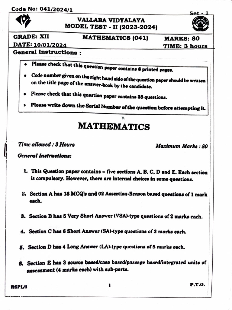Model Maths Paper 2023 - 24 | PDF