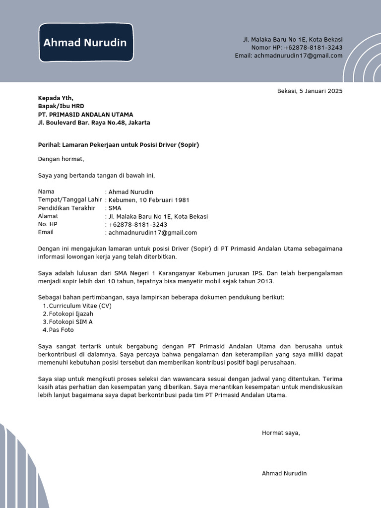 Surat Lamaran Kerja Ahmad Nurudin NEW | PDF