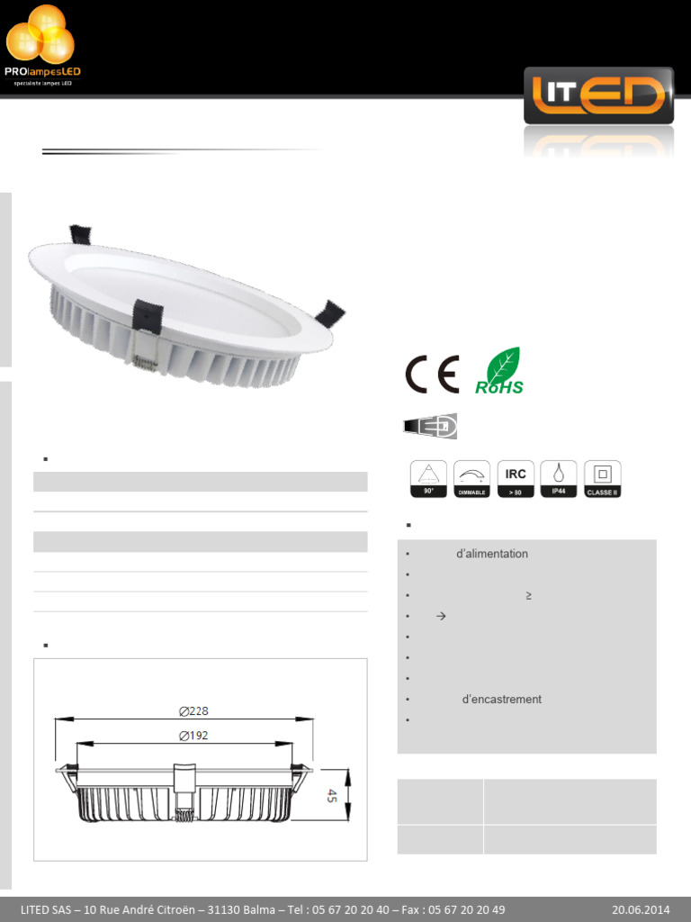 Fiche technique Downlight 18W LITED SAS | PDF | Éclairage | Lumière