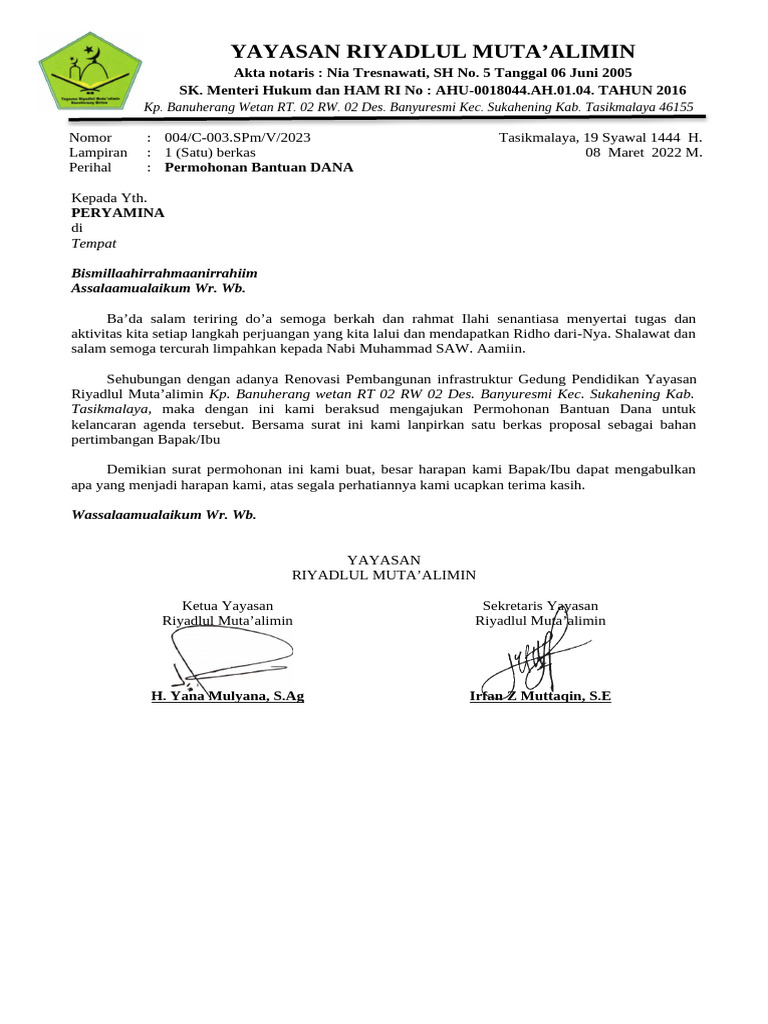 Permohonan Dana Renovasi Yayasan | PDF