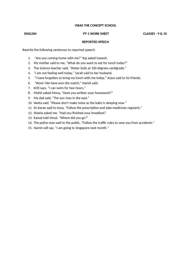 9th & 10th Reported Speech Worksheet | PDF