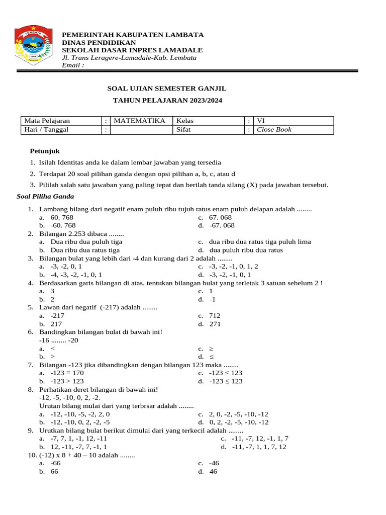 Soal Uas KLS Vi - Matematika | PDF