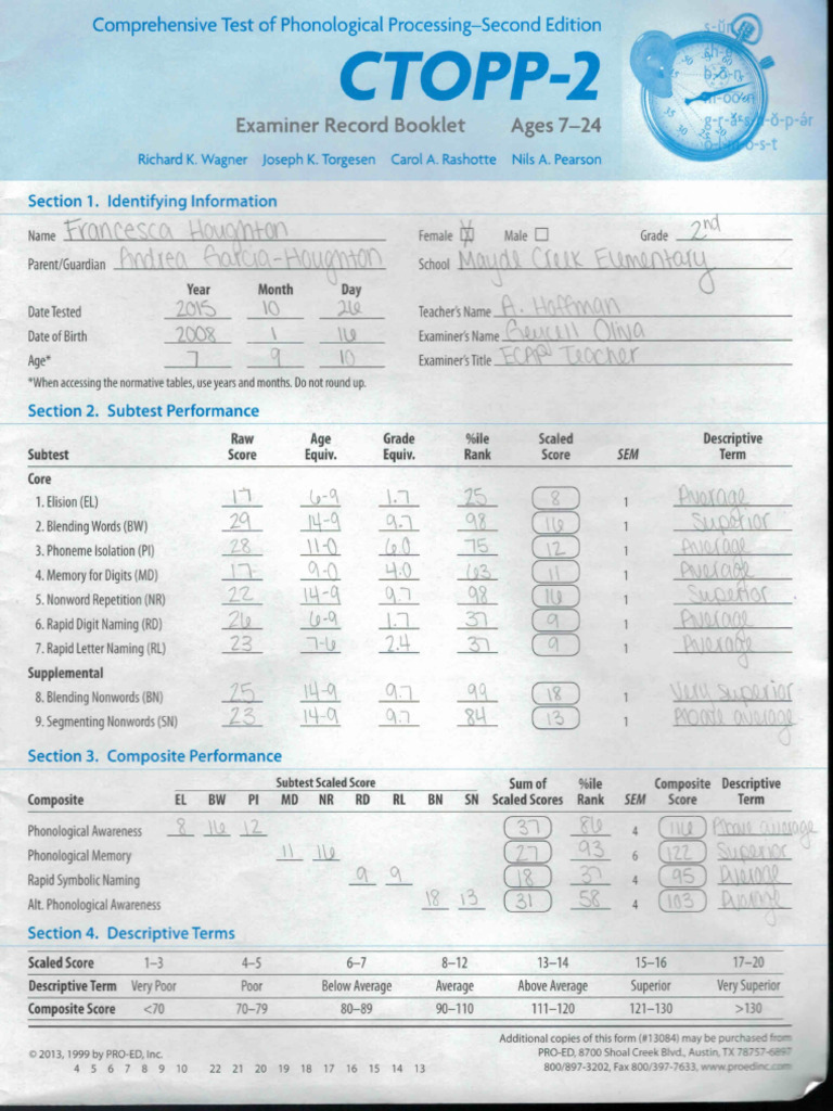 CTOPP-2 Recording Booklet | PDF