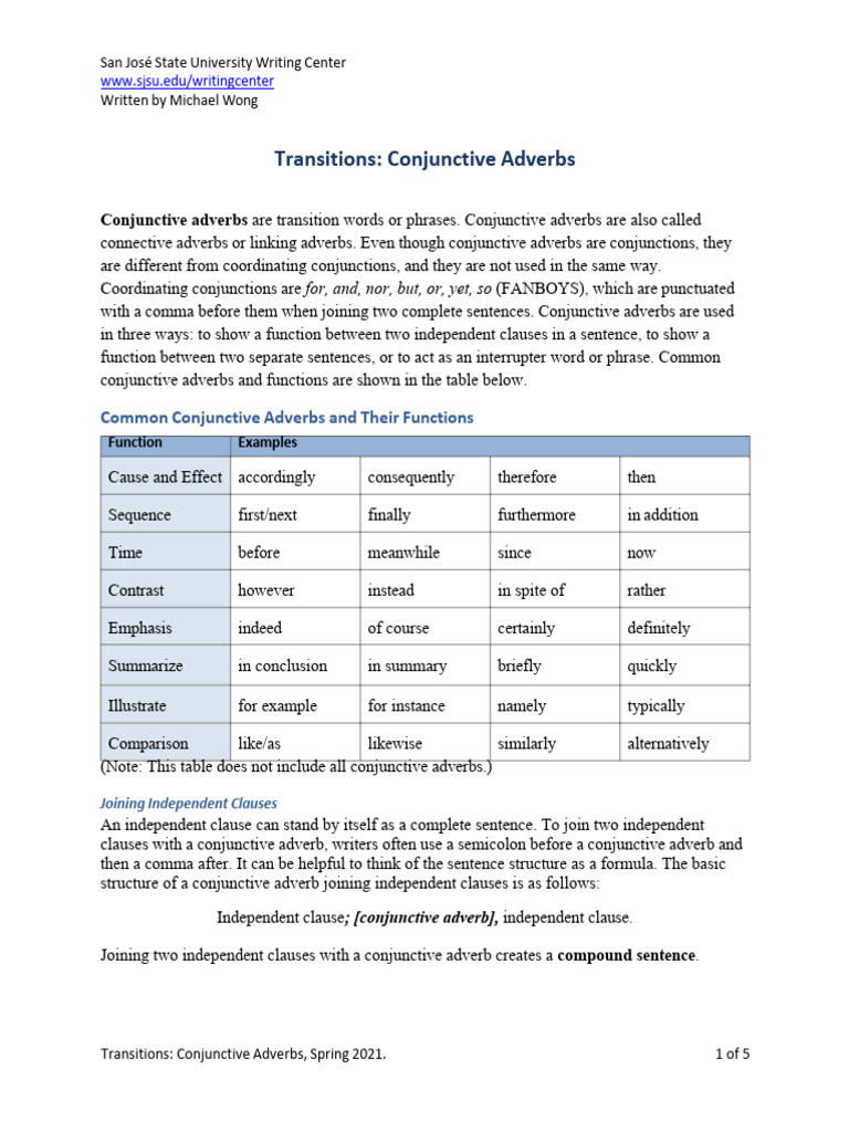 Transitions - Conjuctive Adverbs | PDF | Comma | Semantics