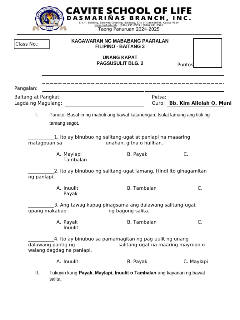 Filipino - Baitang 3 Pagsusulit Blg. 3 | PDF
