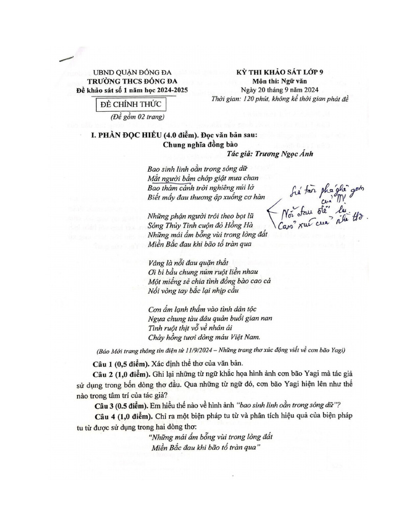 De Ks Dau Nam g9 Thcs Dong Da SGK Moi | PDF