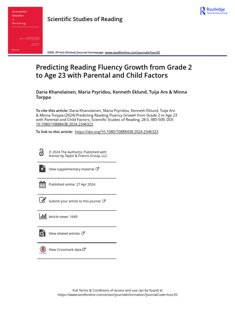 Predicting Reading Fluency Growth From Grade 2 To Age 23 With Parental ...