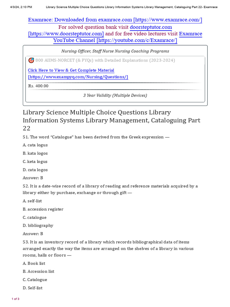 Library Science MCQs Part 22 | PDF | Libraries | Library Science