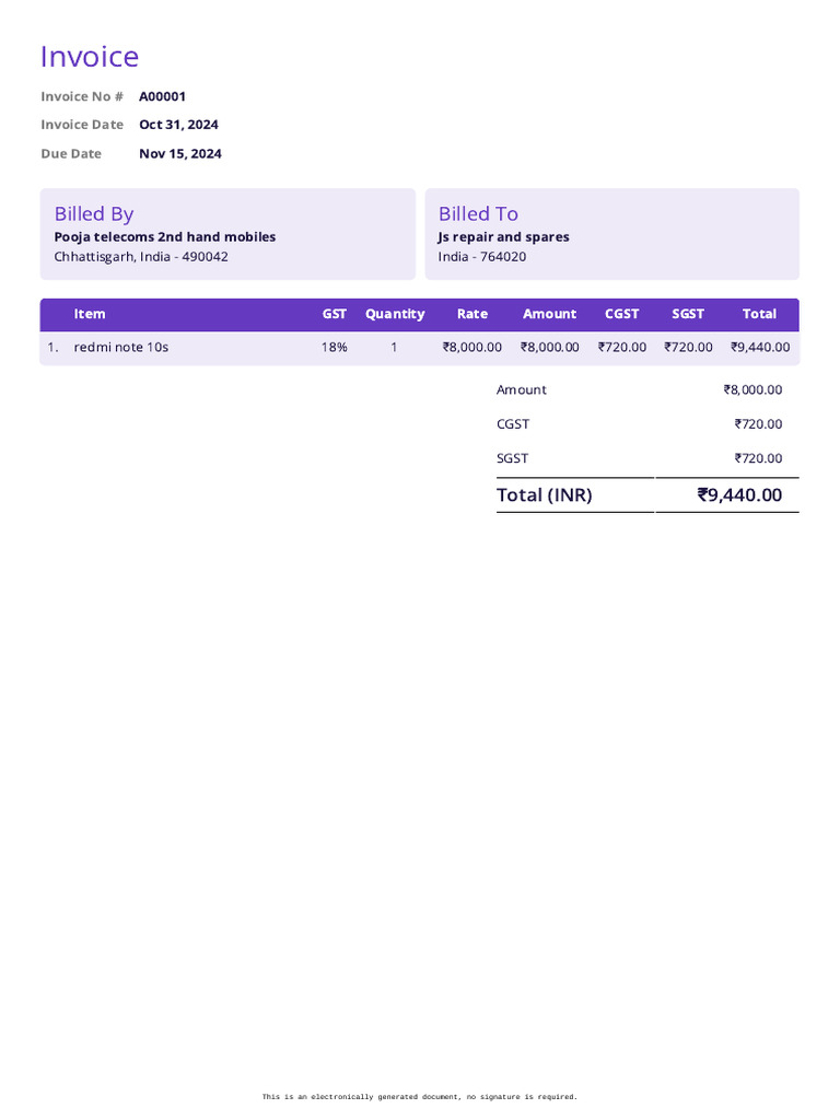 Invoice A00001 Pooja Telecoms 2nd Hand Mobiles Js Repair and Spares | PDF