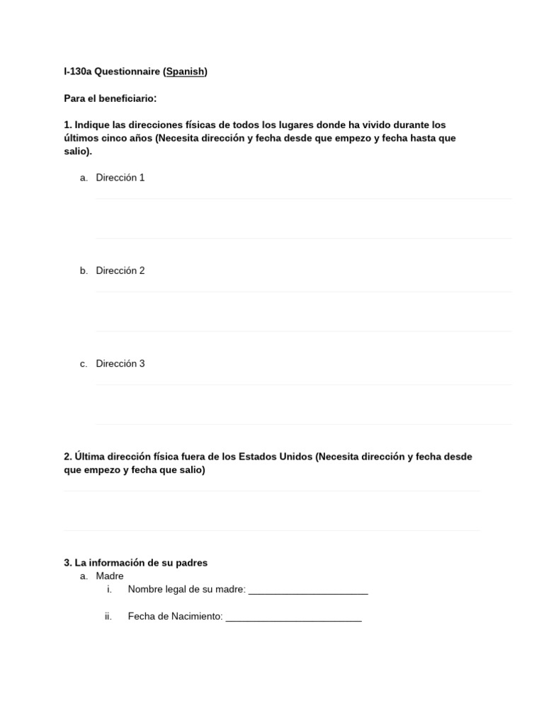 I-130a Questionnaire (Spanish) | PDF