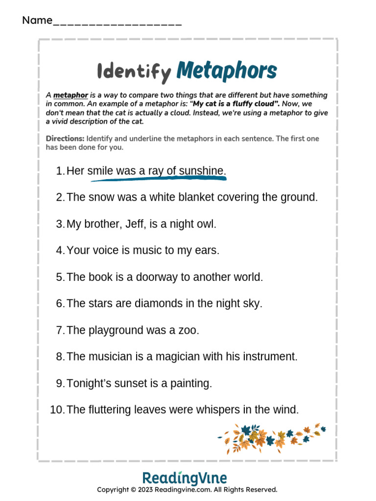 Identifying Metaphors Worksheet 1 | PDF