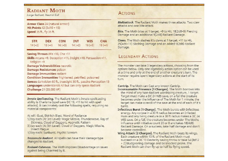 Radiant Moth Homebrew Enemy | PDF