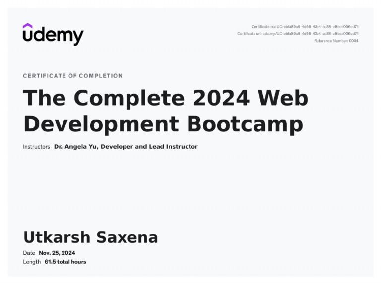 Udemy Full Stack Course Certificate | PDF