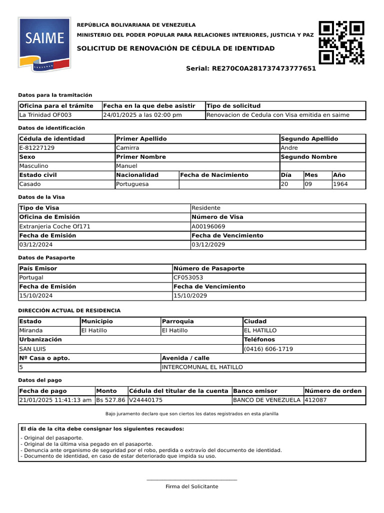Planilla Renovacion Cedula Extranjero | PDF | Gobierno y personalidad