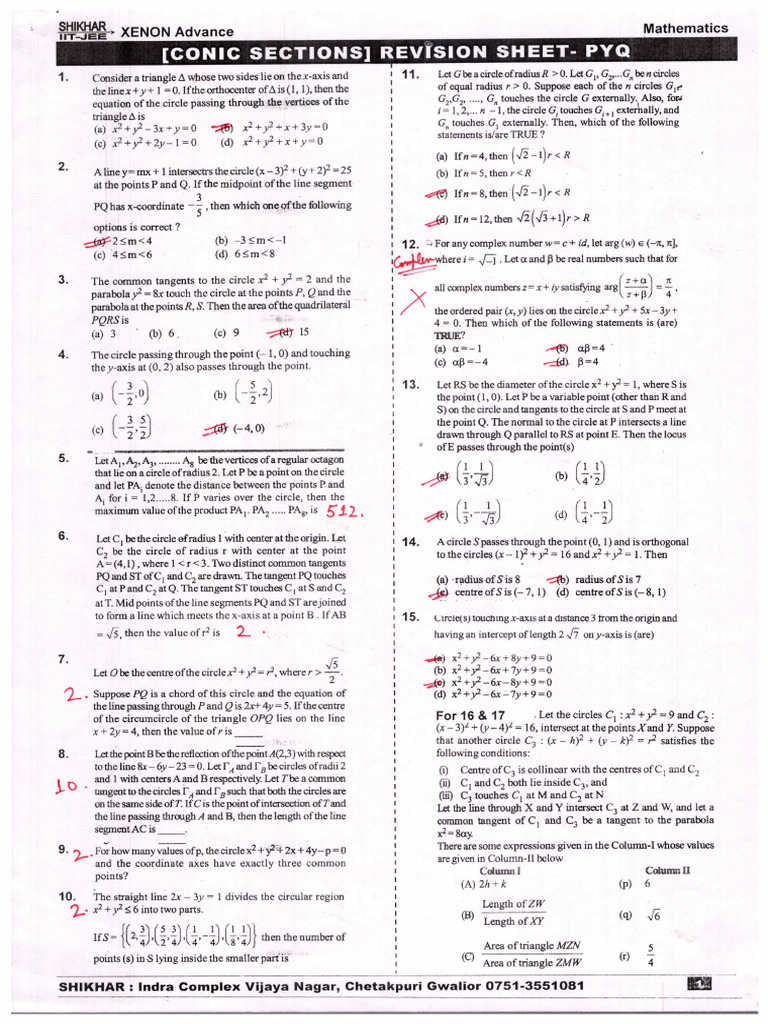 Conic Section PYQ Answer Key | PDF