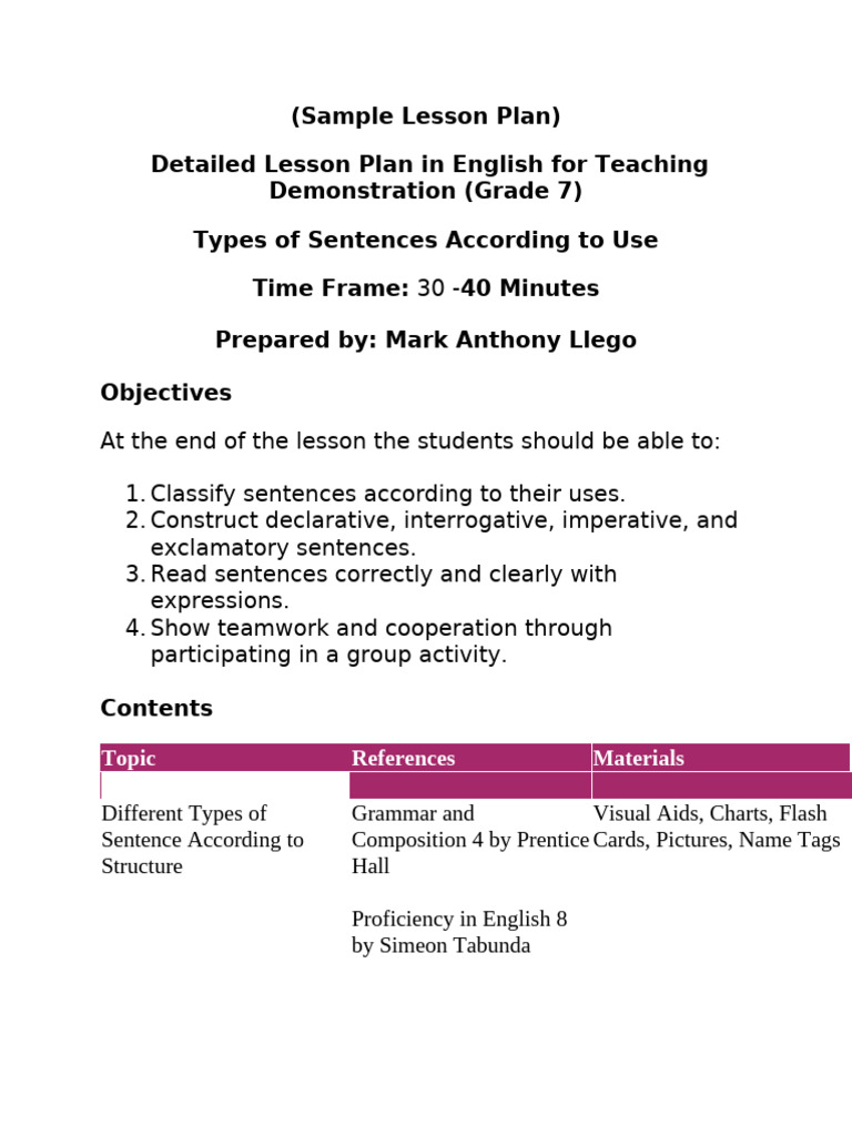 Grade 7 Lesson Plan: Types of Sentences | PDF | Question | Sentence ...