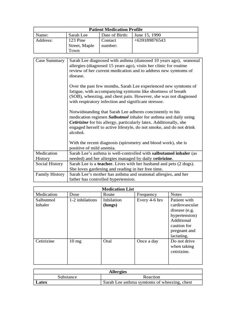 Patient Medication Profile: Sarah Lee | PDF | Asthma | Allergy