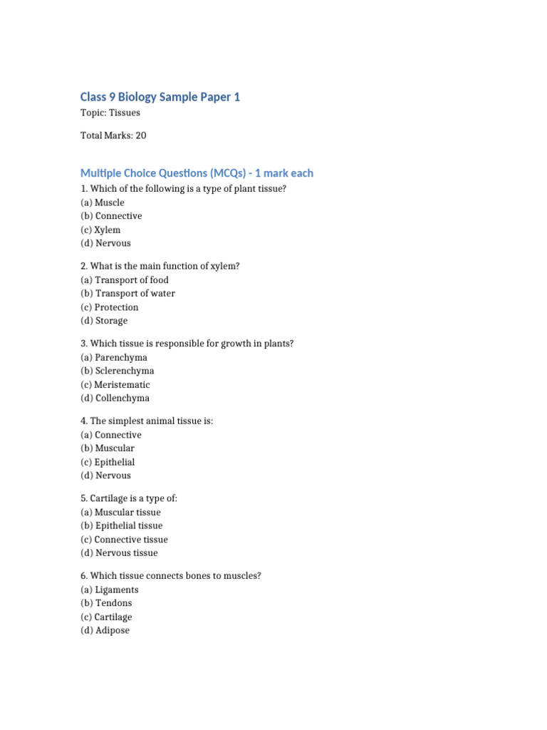 Class 9 Biology Tissues Sample Papers | PDF | Tissue (Biology ...