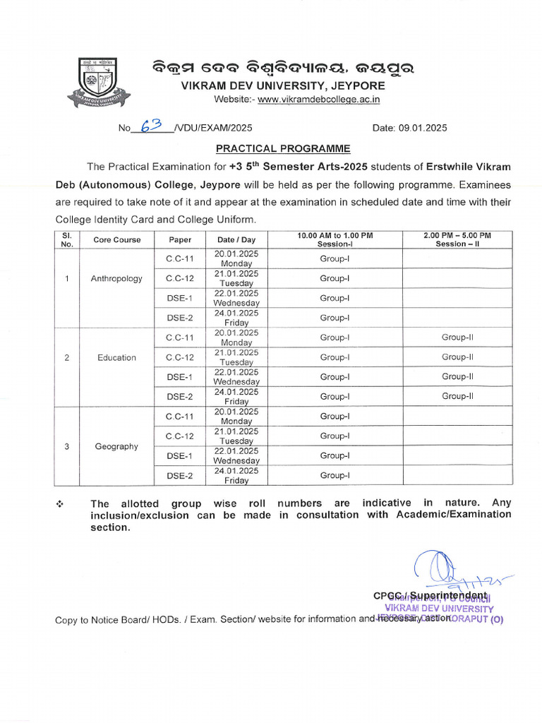 Practical & Project Time Table for UG 5th Sem-2025 | PDF