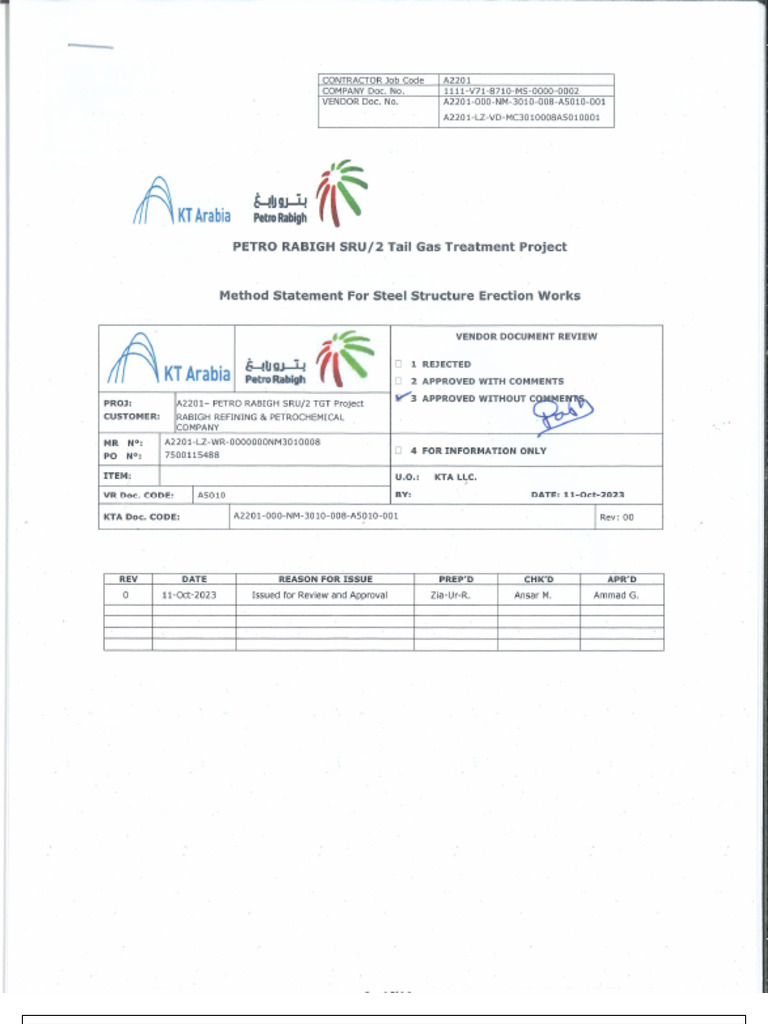 Steel Structure Erection Method Statement | PDF | Screw | Materials