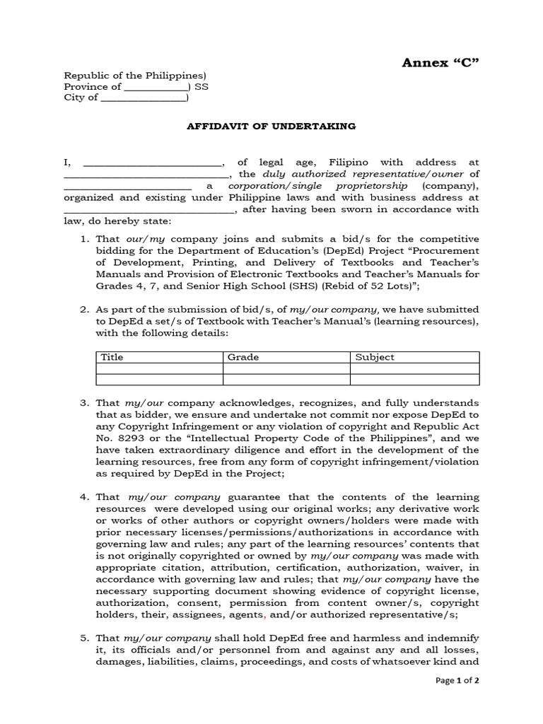 Annex C - 2024 CB 011a Affidavit of Undertaking Publishers | PDF | Affidavit | Justice