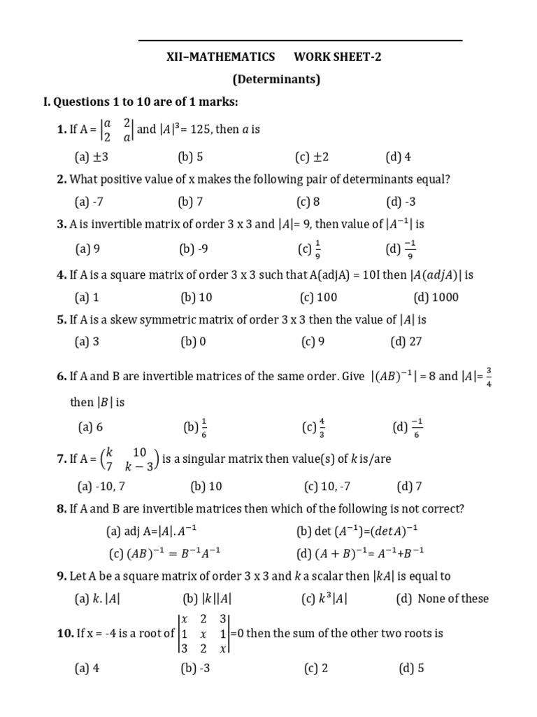 Determinants Worksheet for Class XII | PDF | Matrix (Mathematics ...