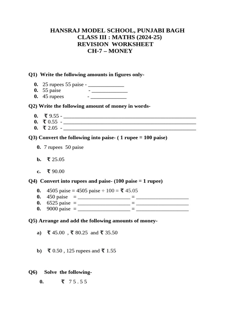 CL-3 - CH - Money - Revision Worksheet | PDF
