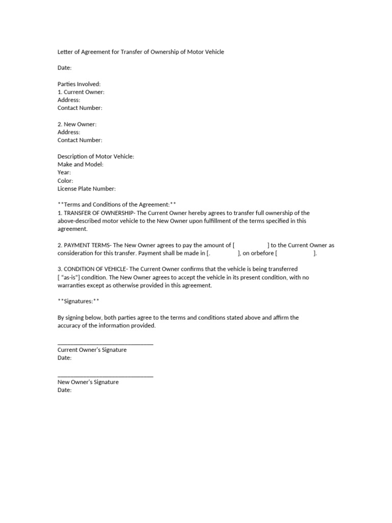 Motor Vehicle Ownership Transfer Agreement | PDF