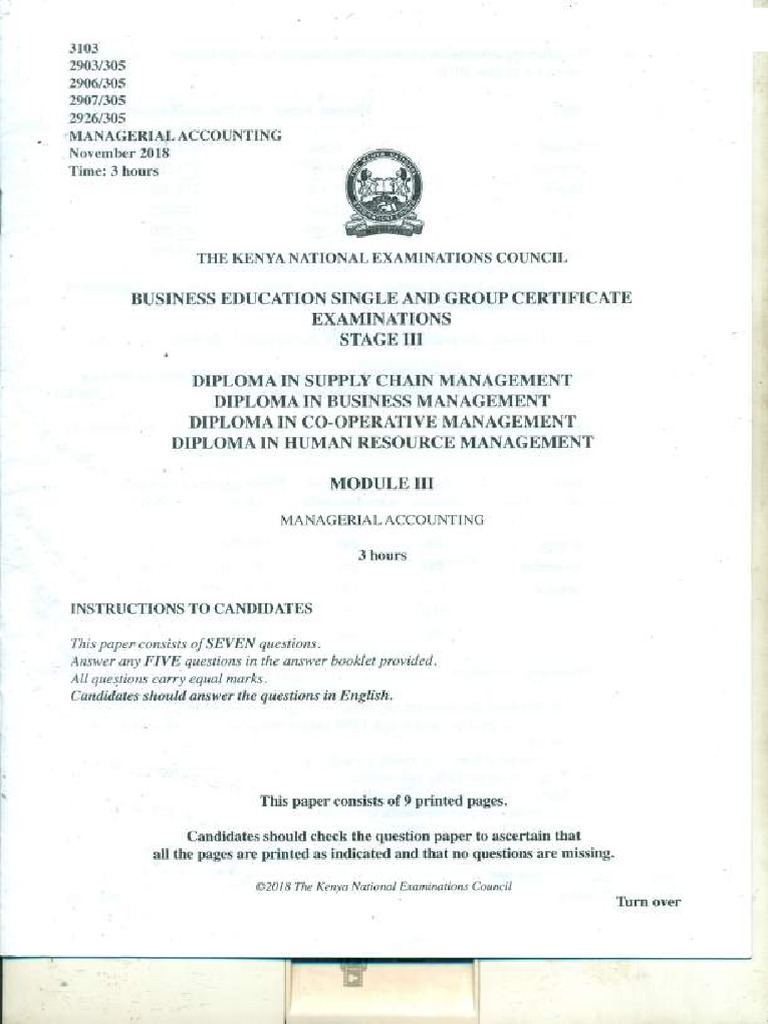 Managerial Accounting Diploma KNEC Past Exam Papers Nov 2018 | PDF