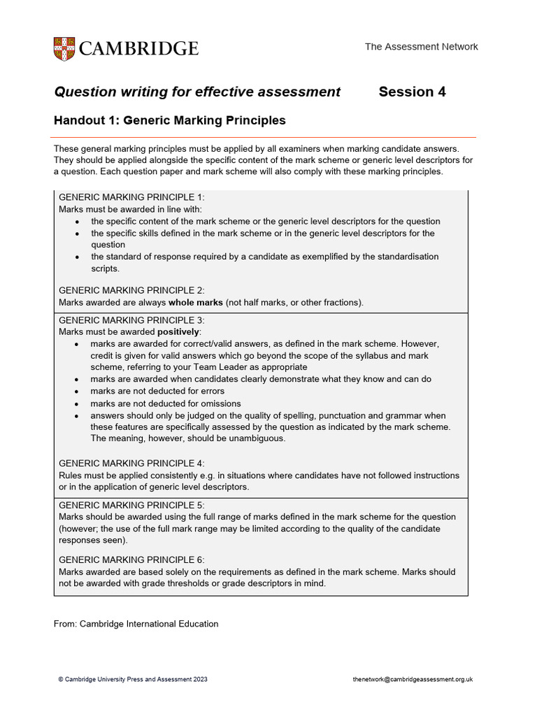 Handout 1 Generic Marking Principles | PDF | Question