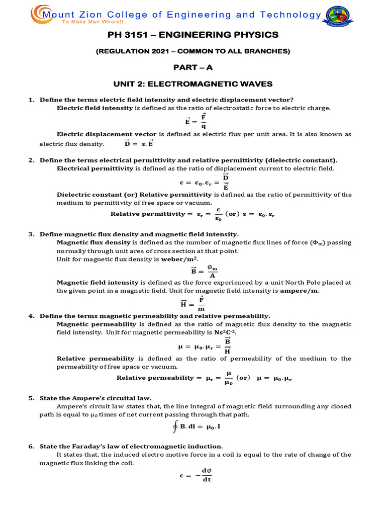 Ph 3151 - Engg Phy - Part a - Unit 2. Em Waves | PDF | Magnetic Field | Radio