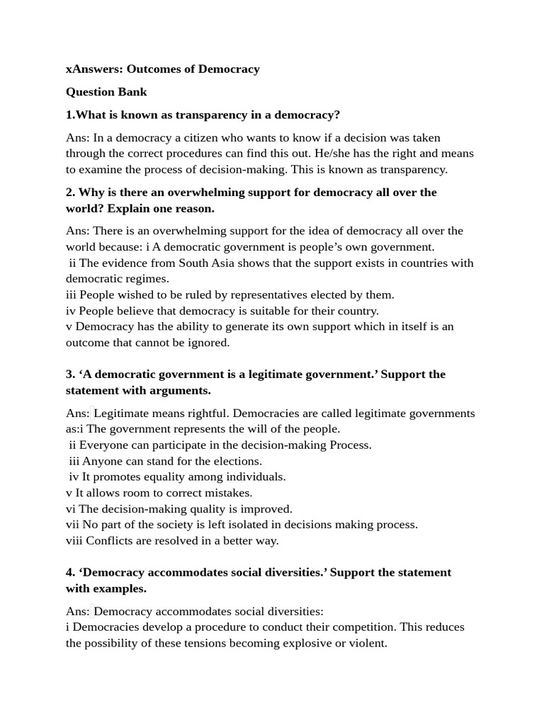 Answers - QUestion Bank-Outcomes of Democracy | PDF | Democracy ...