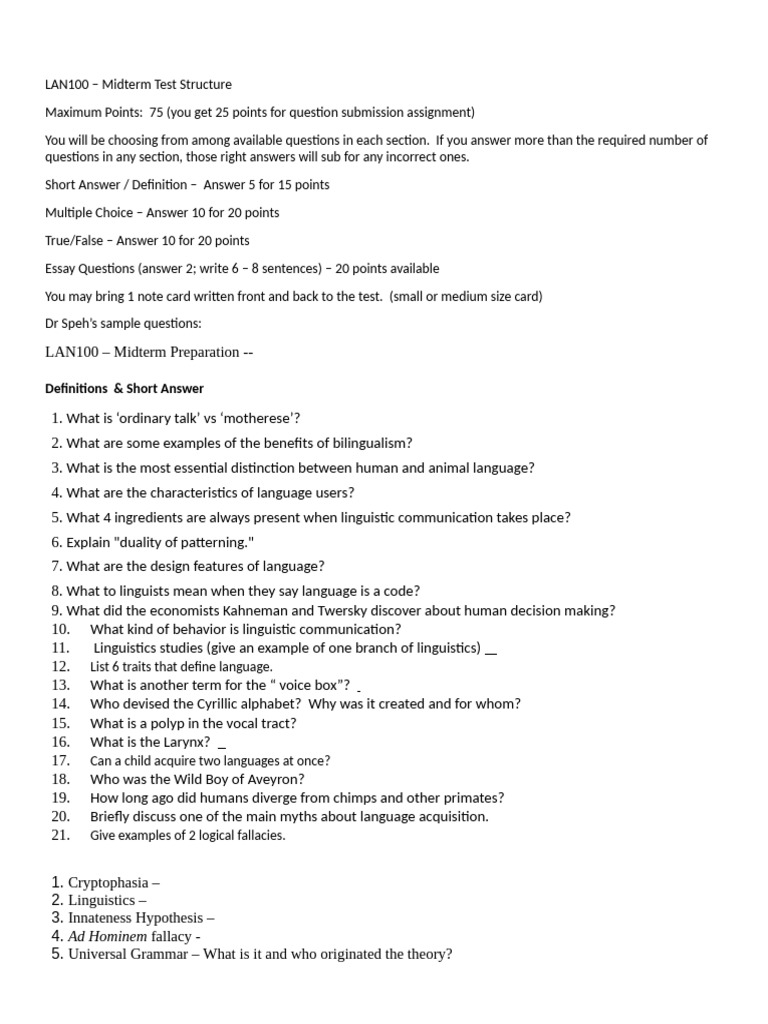 LAN Midterm Study Samples | PDF | English Language | Language Acquisition