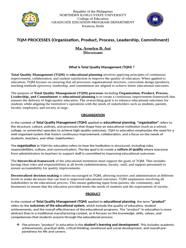 TQM HAND OUTS | PDF | Quality Management | Leadership