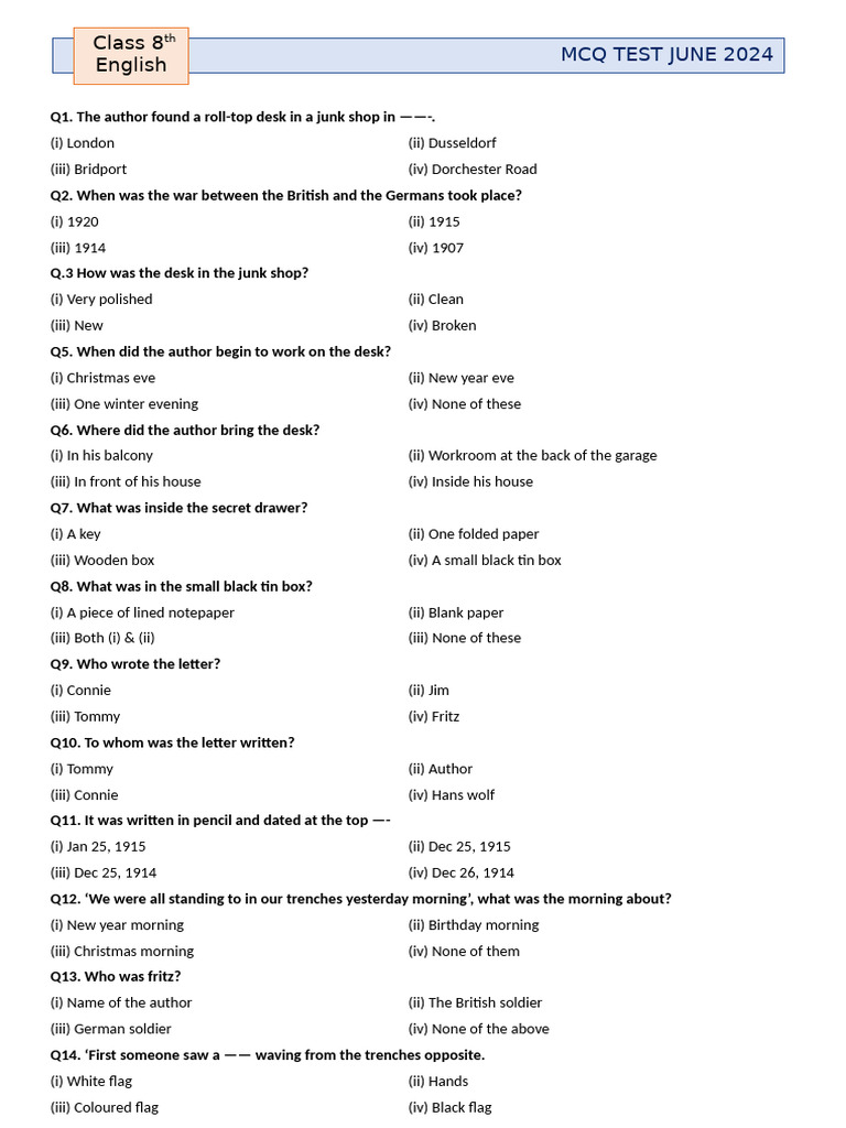 8th English MCQ June 2024 | PDF