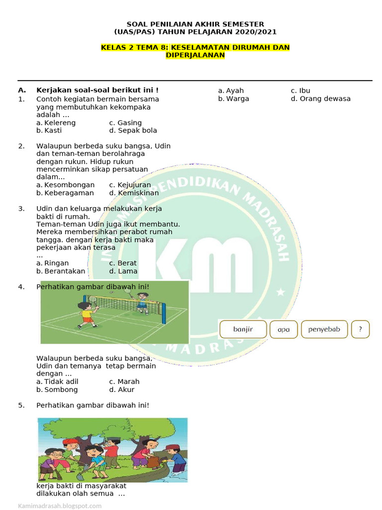Soal PAS Kelas 2 Tema 8 - Kamimadrasah (1) | PDF