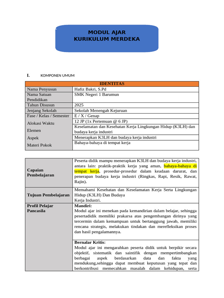 Modul Ajar K3LH Kelas X | PDF