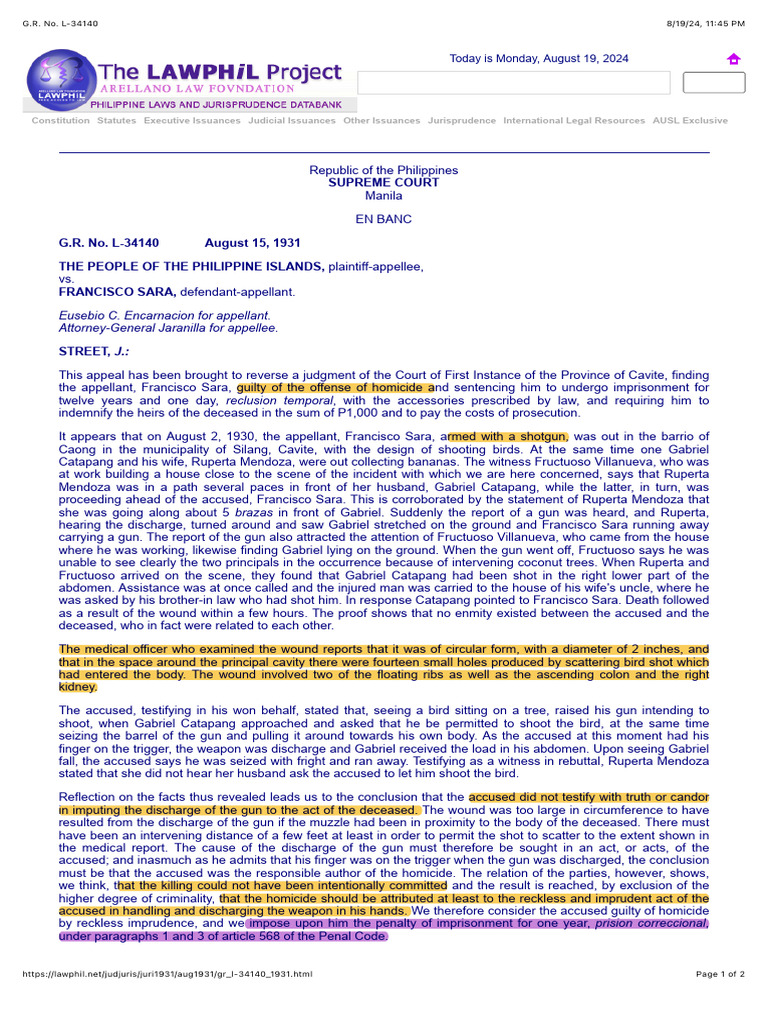 Art 3-5 PPL V Sara (Involuntary Act) G.R. No. L-34140 | PDF | Appeal ...