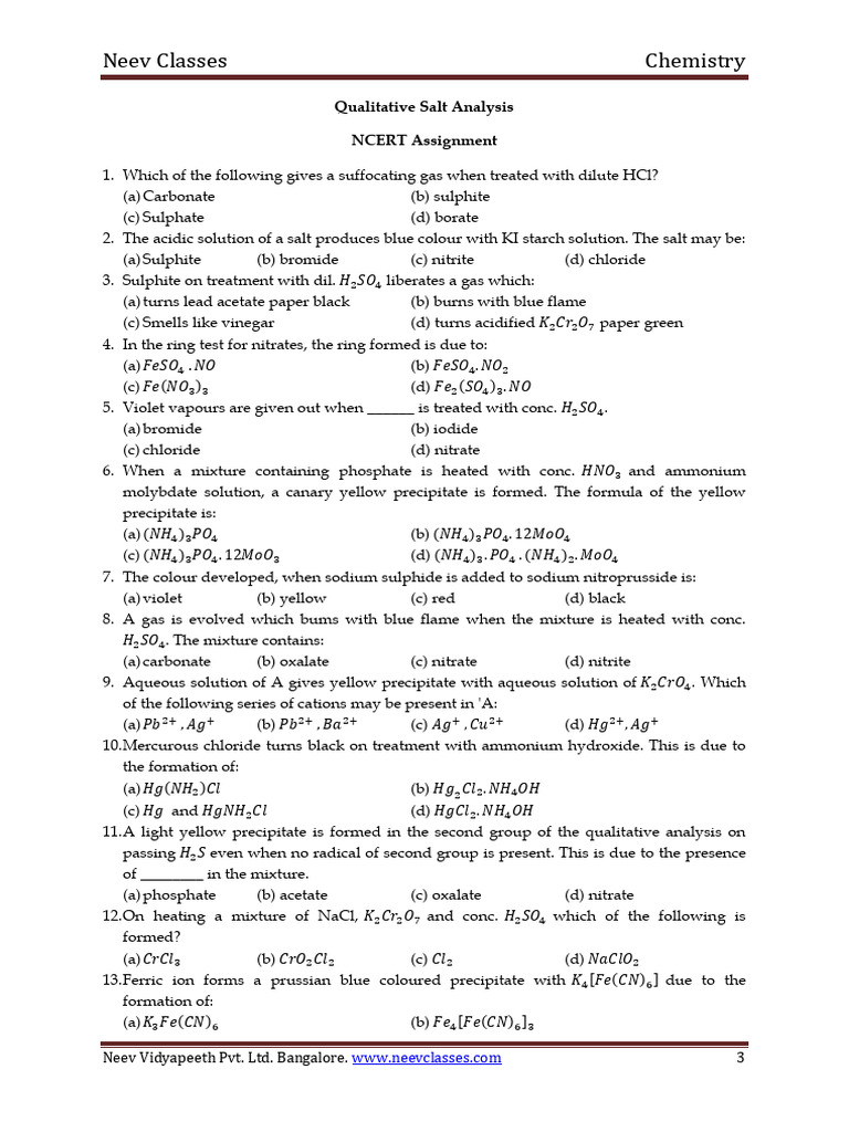 B8AzC08mTO Chemistry Qualitative Salt Analysis NCERT Assignment With ...