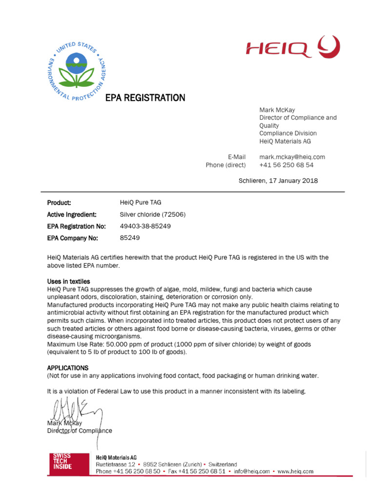 EPA Registration for HeiQ Pure TAG | PDF