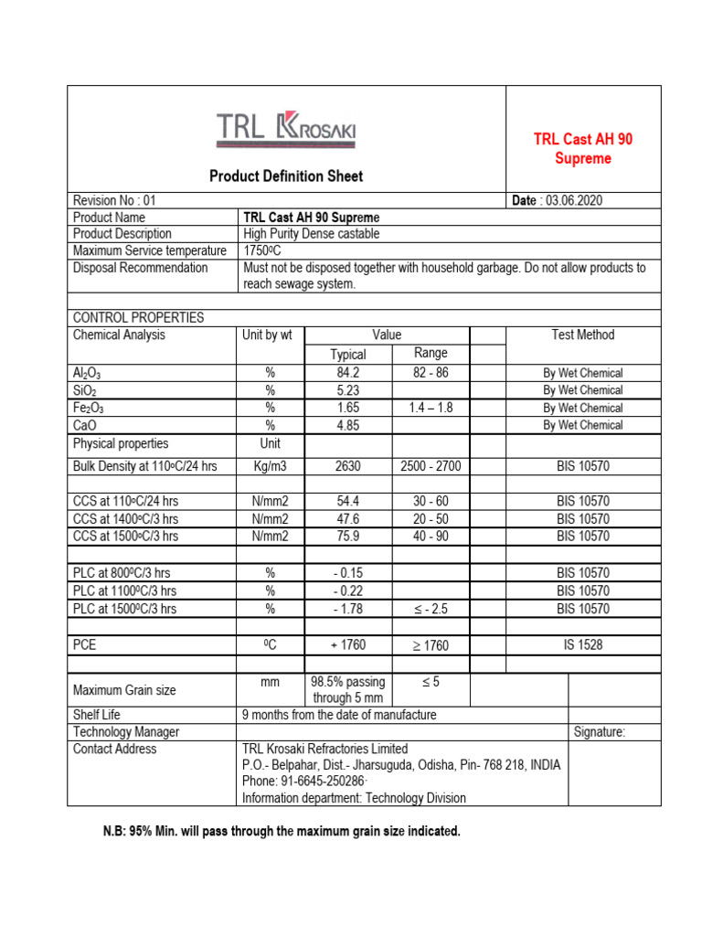 Data Sheet TRL Cast AH 90 Supreme | PDF | Materials Science | Building Engineering